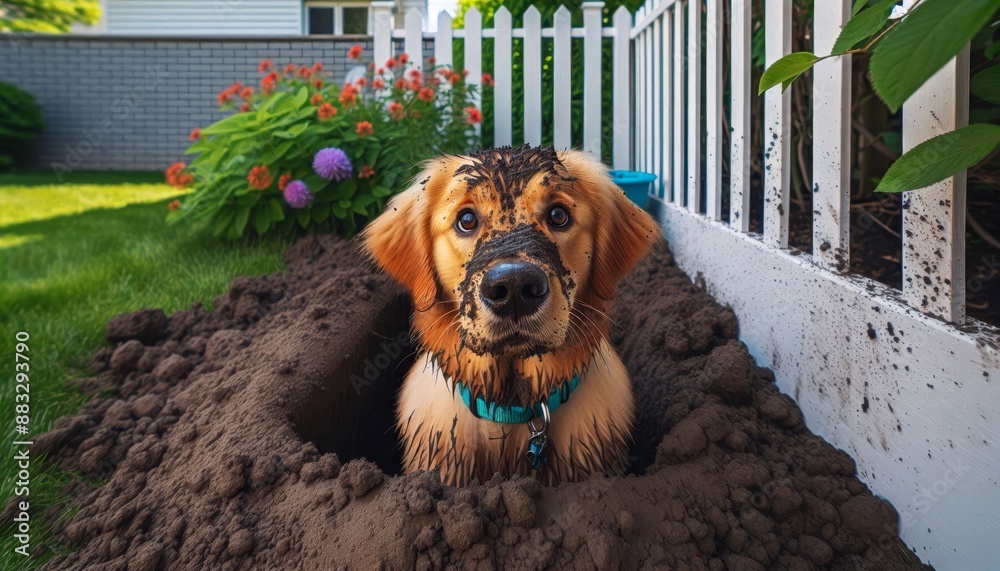 Muddy Golden Retriever Dog Playfully Digging in a Backyard Garden Near ...