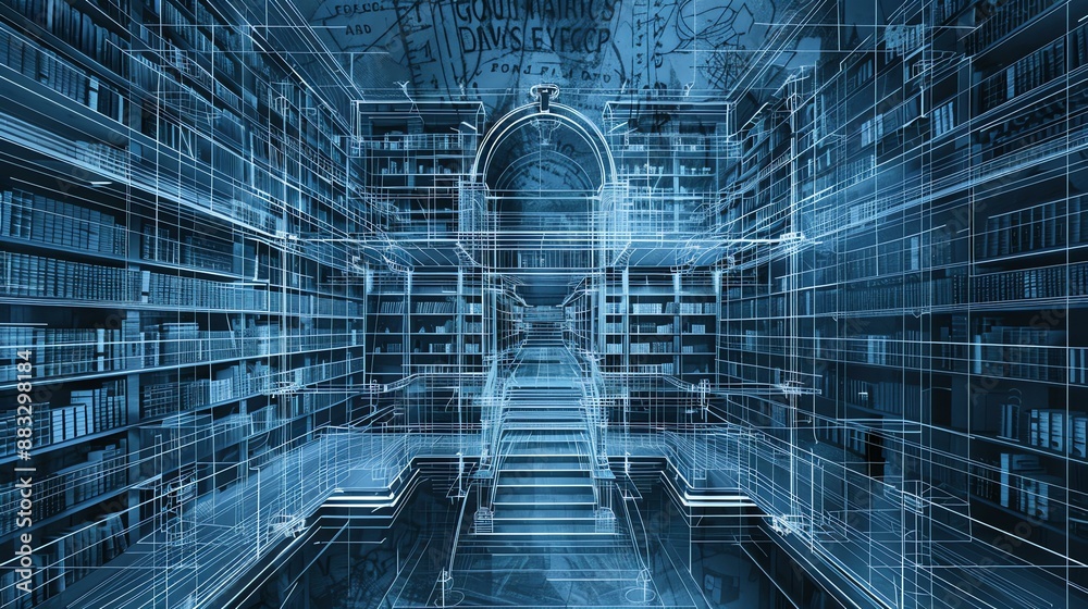 Wireframe visualization of a grand library interior with bookshelves ...