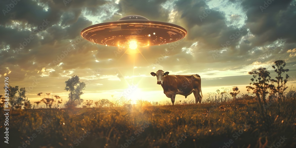 Alien UFO abducting cow in vertical conspiracy scifi scene. Concept ...