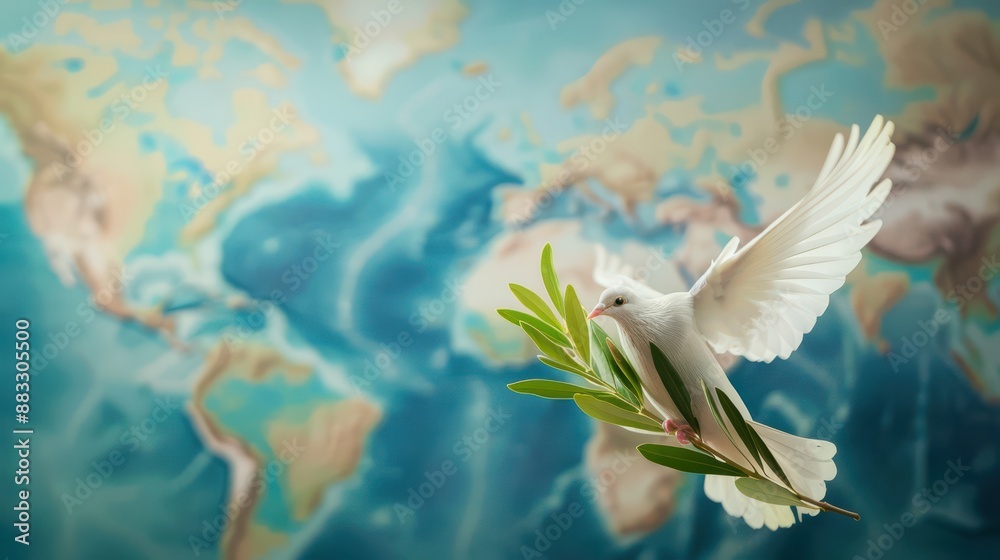 A dove with an olive branch flying over a world map, symbolizing peace ...