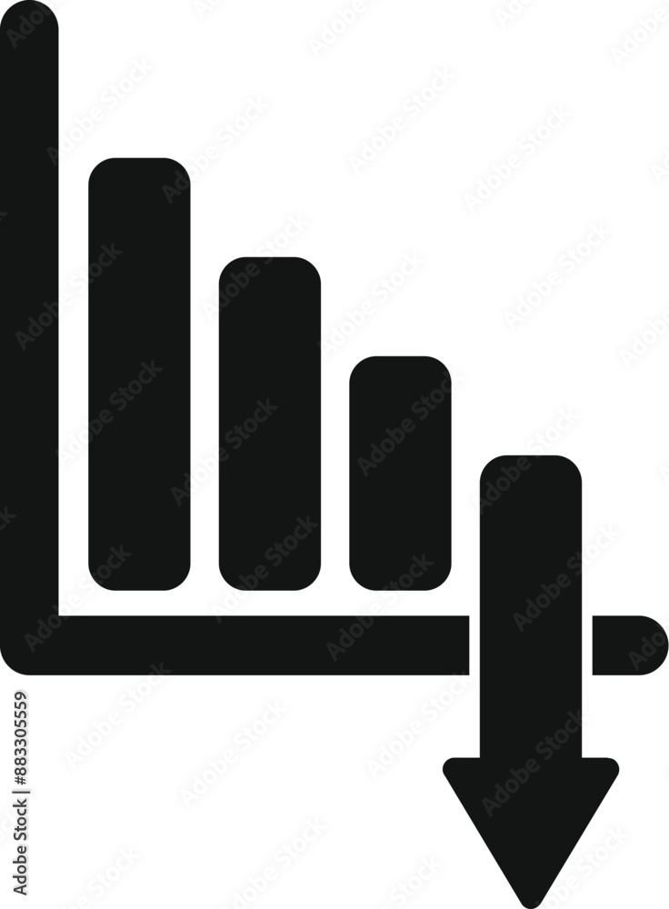 Simple icon representing a bar graph losing value, with four black bars ...