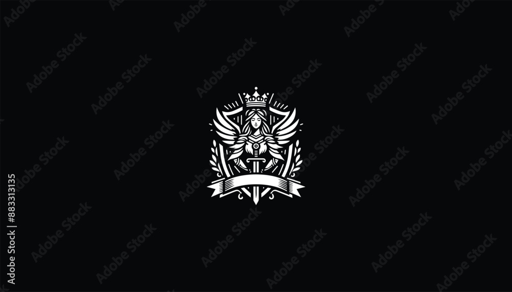Shield with queen, crown, sword, wings, banner, design, logo, art ...