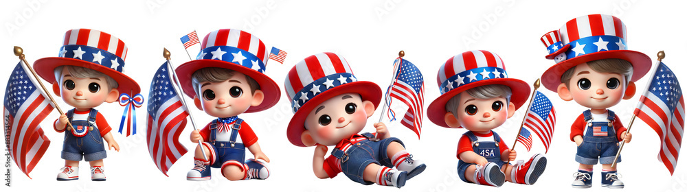 3D 4th of July patriot lying down and holding a USA America flag ...