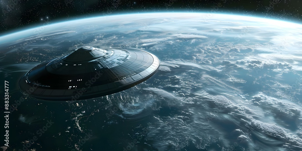 Large UFO mothership hovering in Earths orbit a mysterious and aweinspiring sight. Concept ...