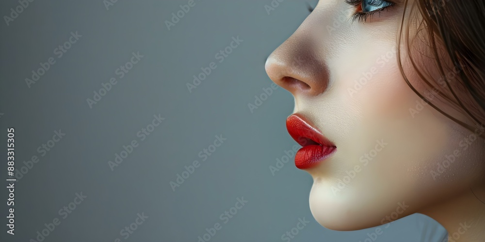 Young woman with plump lips blowing a kiss in a side profile photo ...