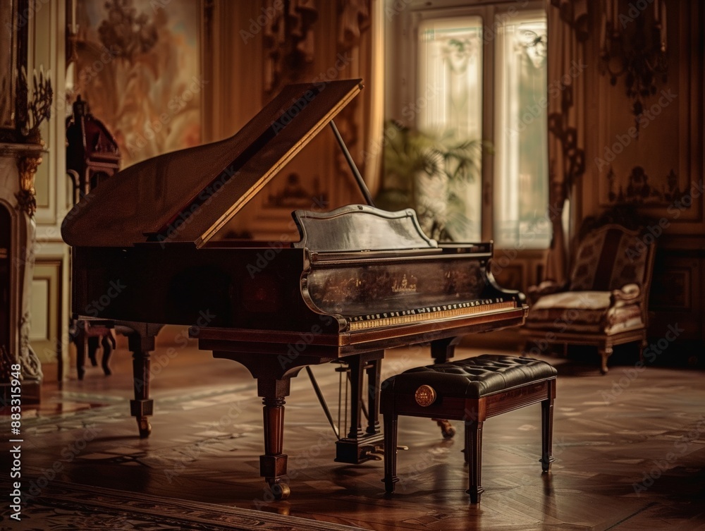Classic grand piano in a historic mansion, with antique furnishings and ...