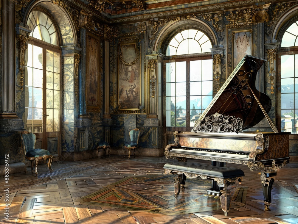 Classic grand piano in a historic mansion, with antique furnishings and ...