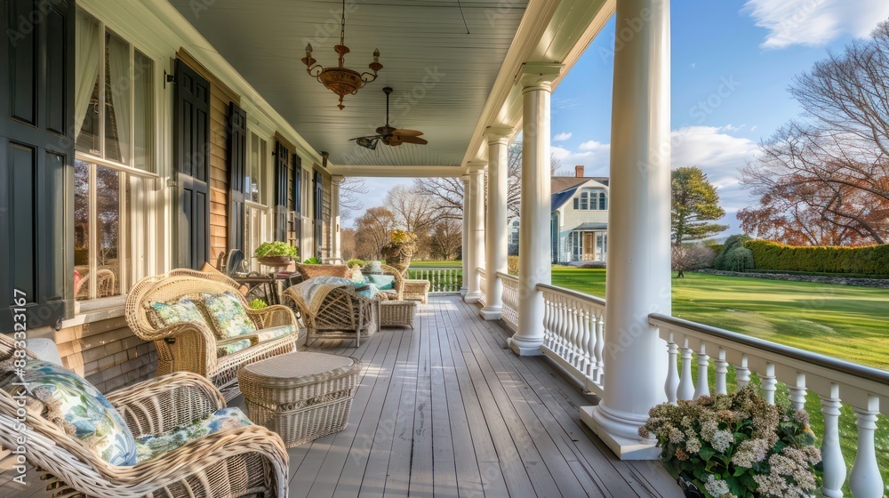 The elaborate, wrap-around porch of a Suburban Colonial home, furnished ...