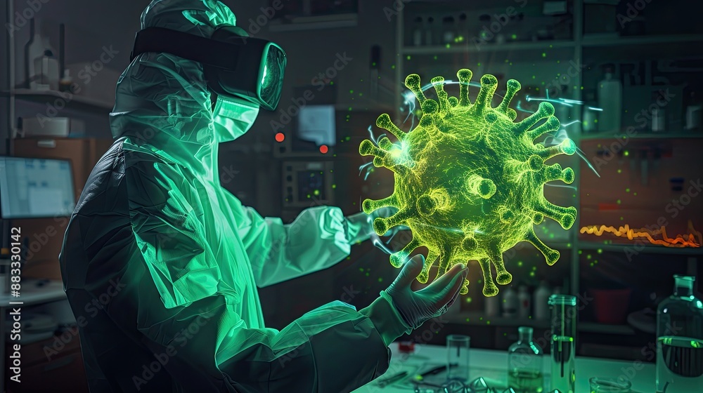 Virologist scientist studies virus in VR goggles. Scientific research ...