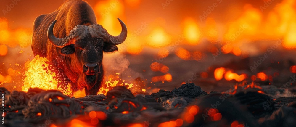 A powerful and majestic buffalo charges through a fiery hellscape, its ...