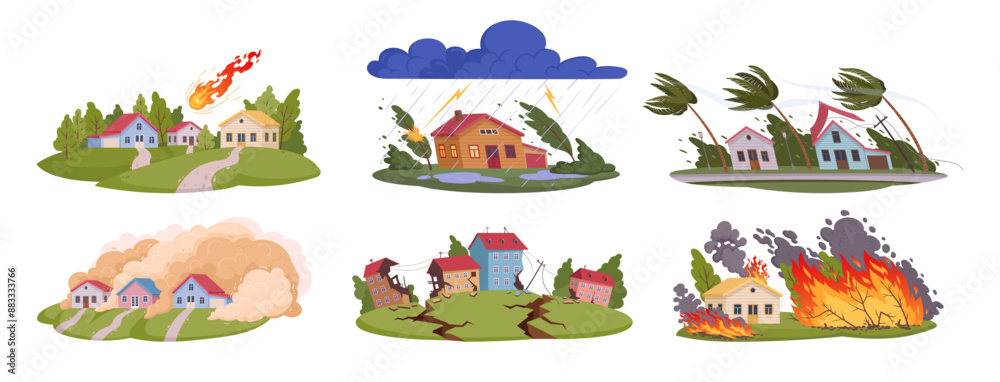 Cartoon natural disasters. Damage catastrophe cataclysms, earthquake ...