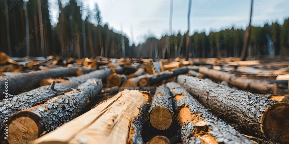 Deforestation Clearcut forest with stumps and fallen trees showing ...