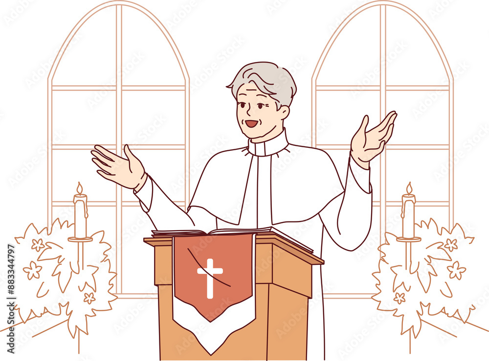 Man priest with smile leads sermon in catholic church, standing behind ...