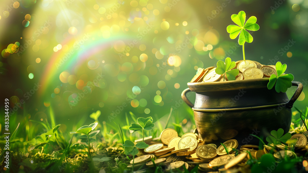 A jug of gold coins, clover leaves and a rainbow, depicting the theme ...