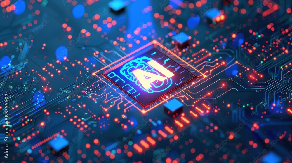 The word 'AI' stands out amidst a circuit board that is alive with red ...