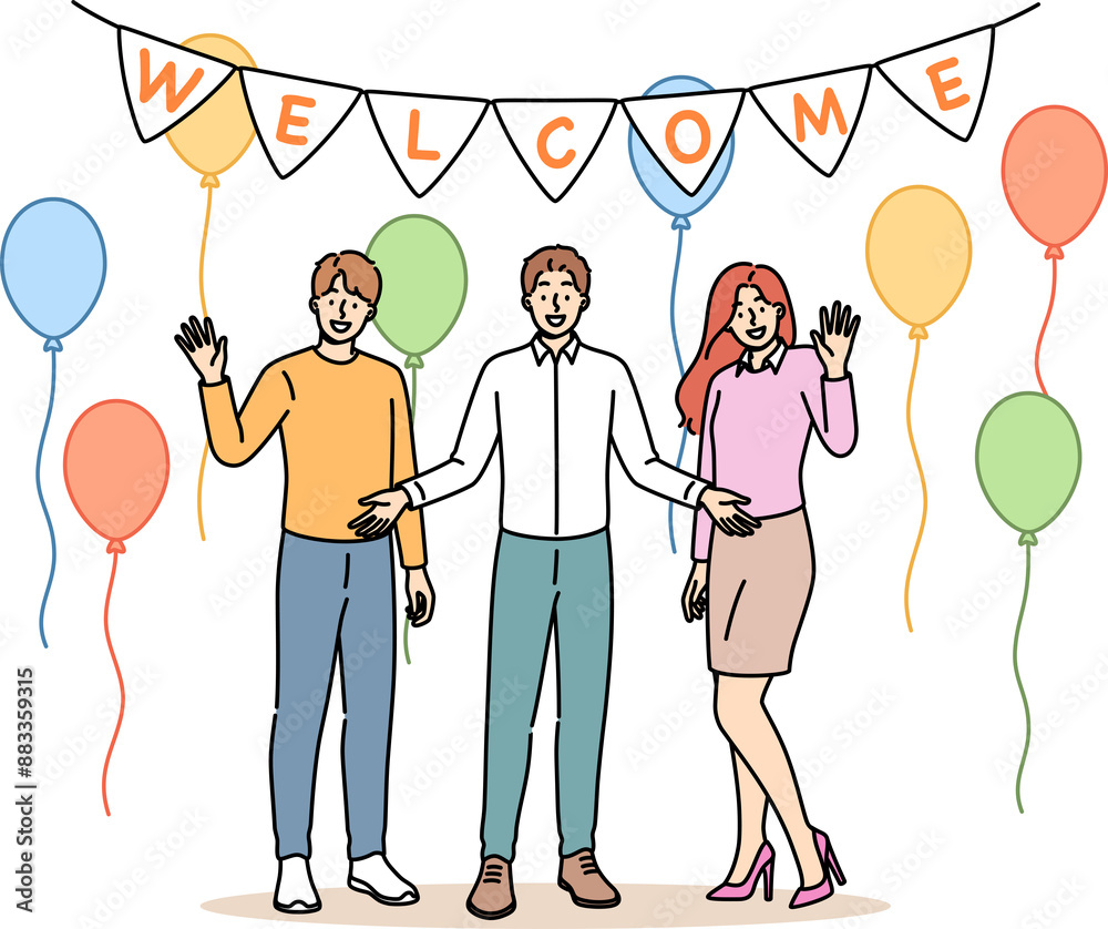 Welcome party from happy family welcoming friends into new apartment ...