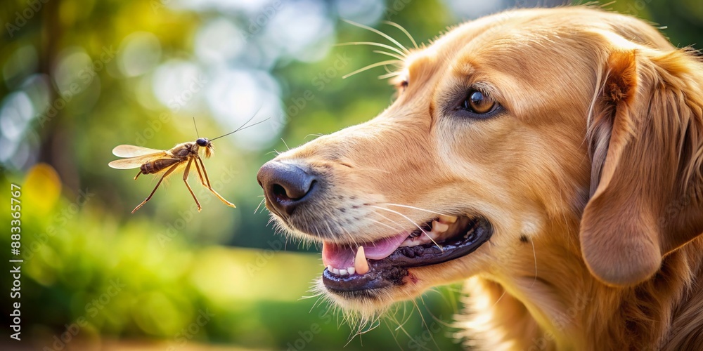 Dog and Insect Encounter - A golden retriever stares intently at a ...