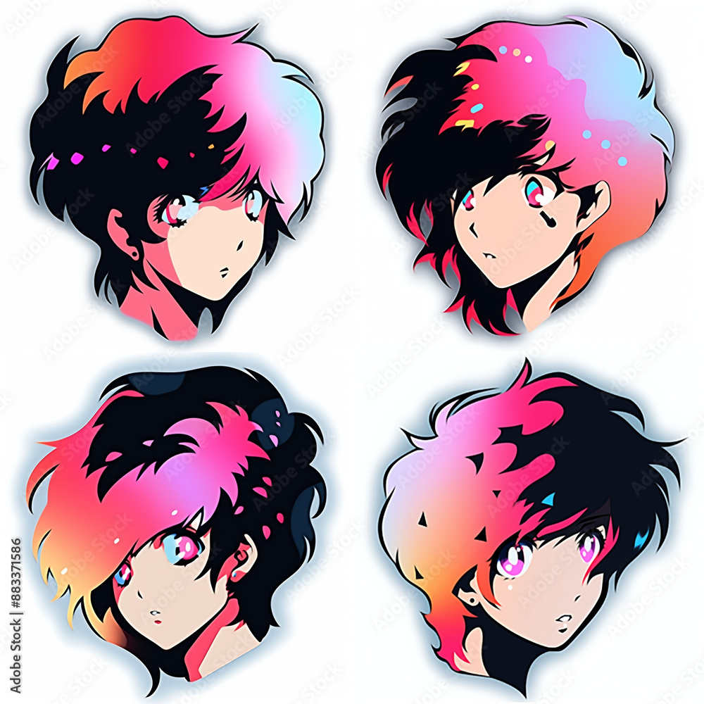 Set of anime personages in bright colors on a white background ...