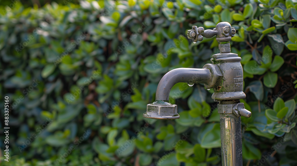 Outdoor plumbing faucet in a lush green garden, blending functionality ...
