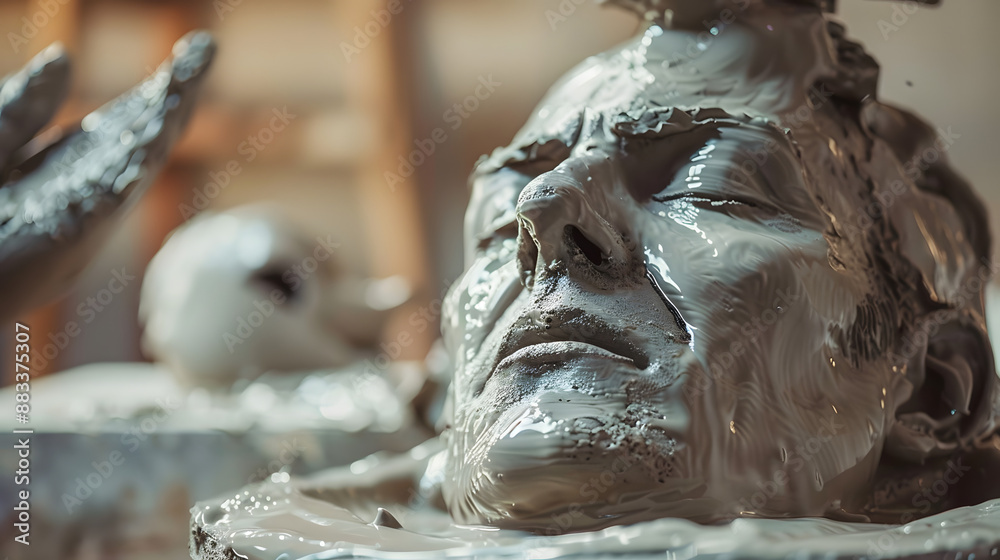 Using water and clay, the artist crafts a sculpture of a man's head ...