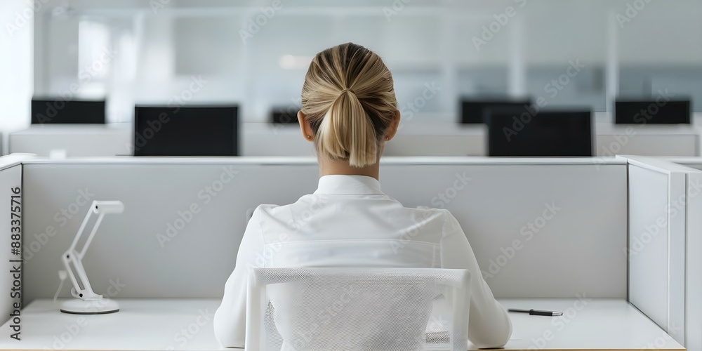 Professional woman at desk in modern office cubicle. Concept Modern ...