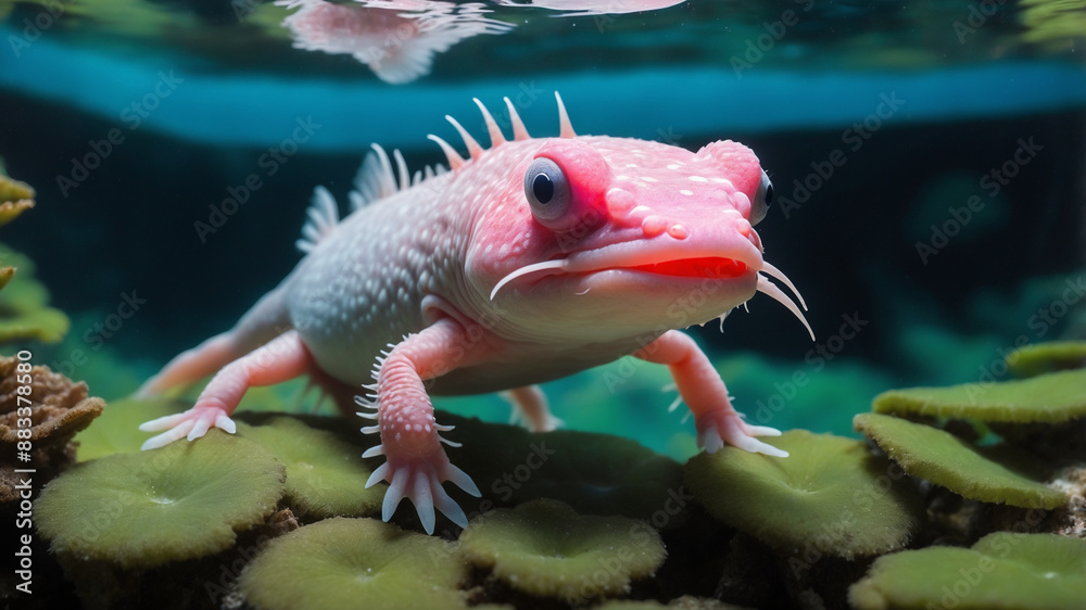 Pink Axolotl Swimming in Turquoise Mexican Cenote Underwater Macro ...