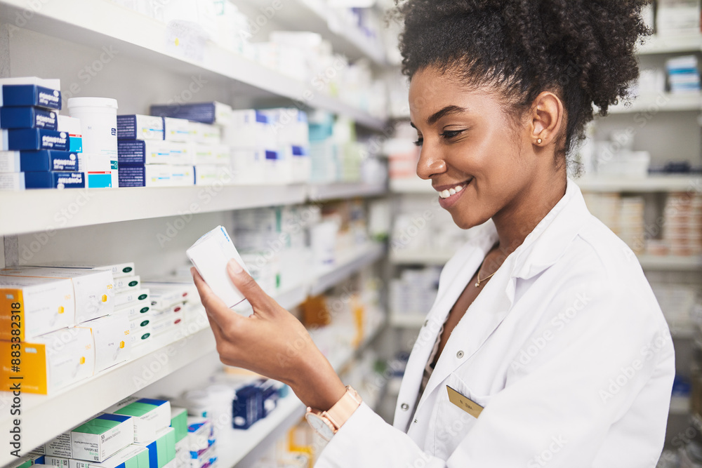 Pharmacist, black woman and reading product in clinic for medicine ...