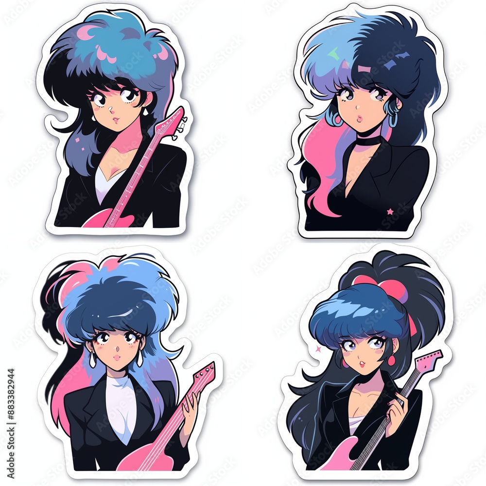 Set of retro anime style female personages with glam rock look ...
