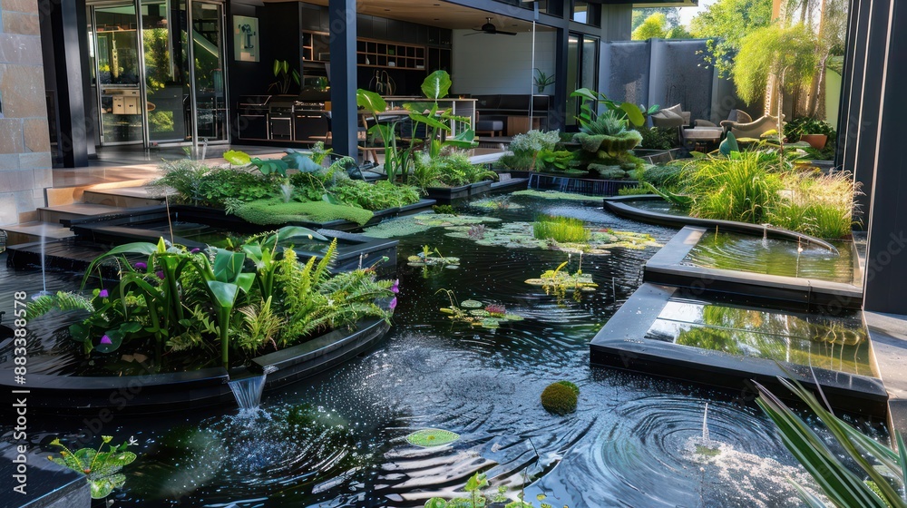 Suburban Colonial home with an expansive, multi-level water garden ...