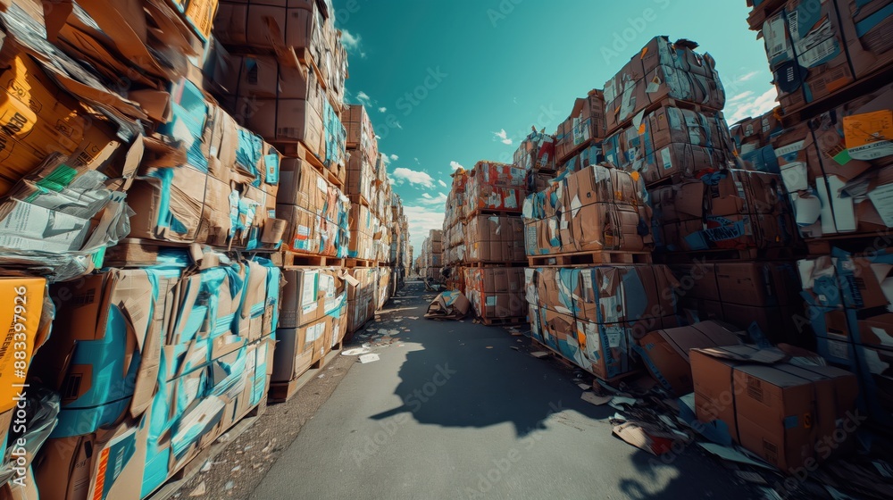 Large stacks of compressed cardboard boxes in an industrial recycling ...