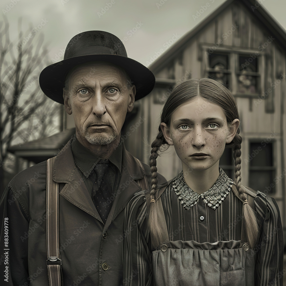 Iconic American Gothic farmers, father and daugther in modest rural ...