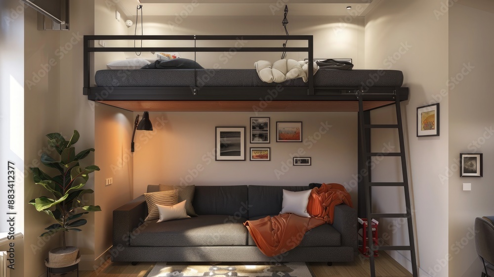 Immerse yourself in the modern charm of a compact loft studio, where ...