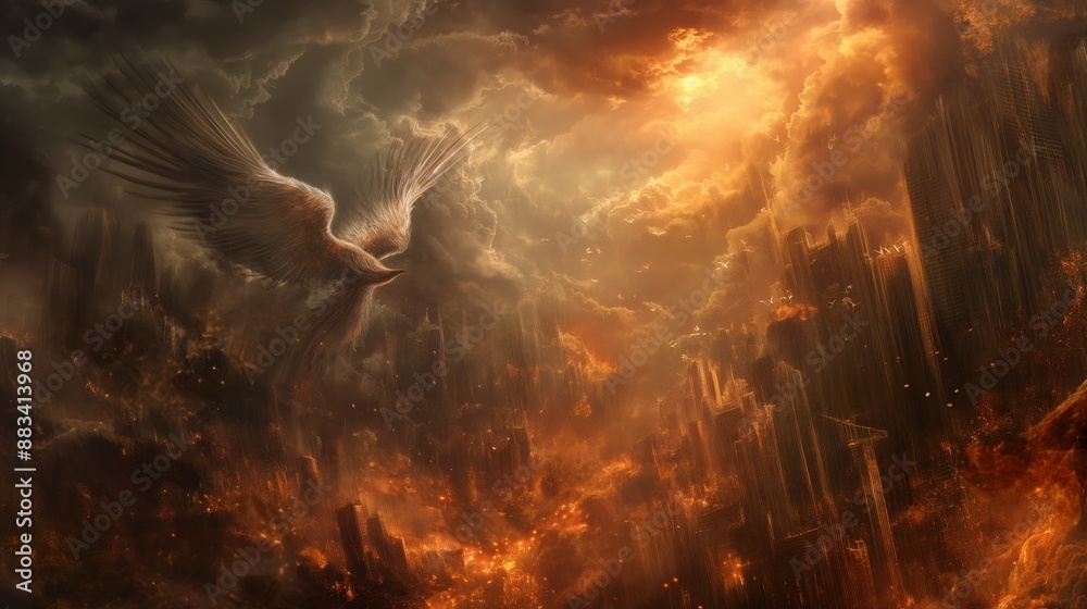 Fantasy artwork of a large angelic figure with wings flying over a ...