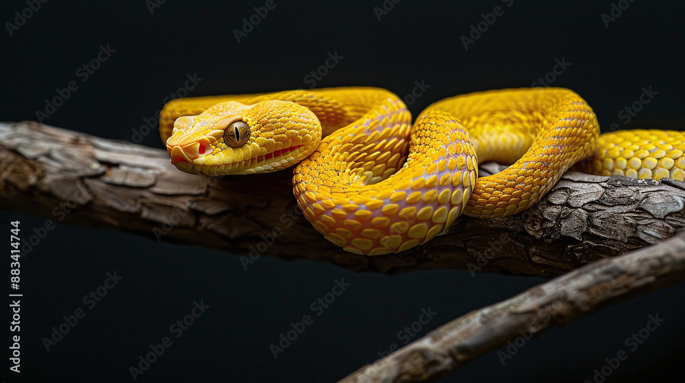 , Yellow Viper snake coiled on branch isolated black background, full body, full body. photo ...
