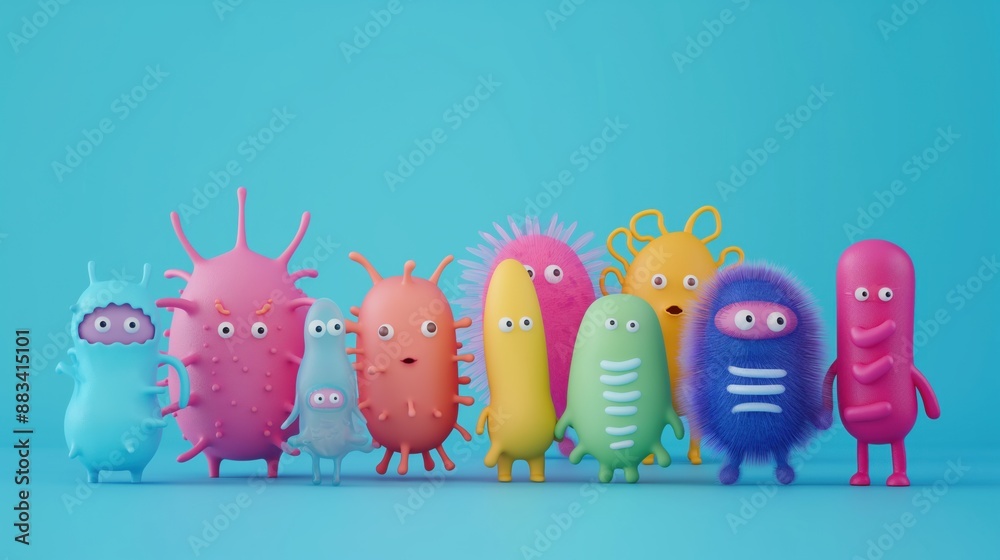 Colorful and adorable cartoon-style bacteria characters on a blue ...