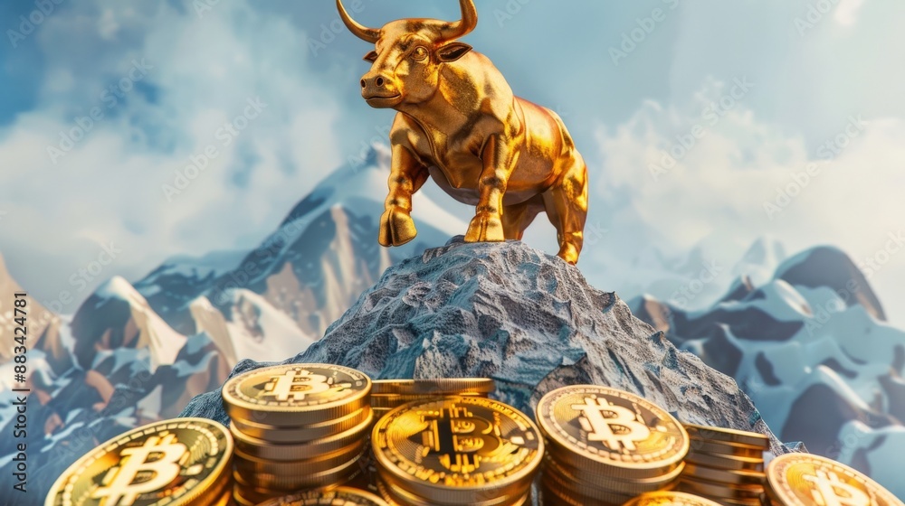 A bull statue is standing on top of a pile of gold coins. The coins are ...