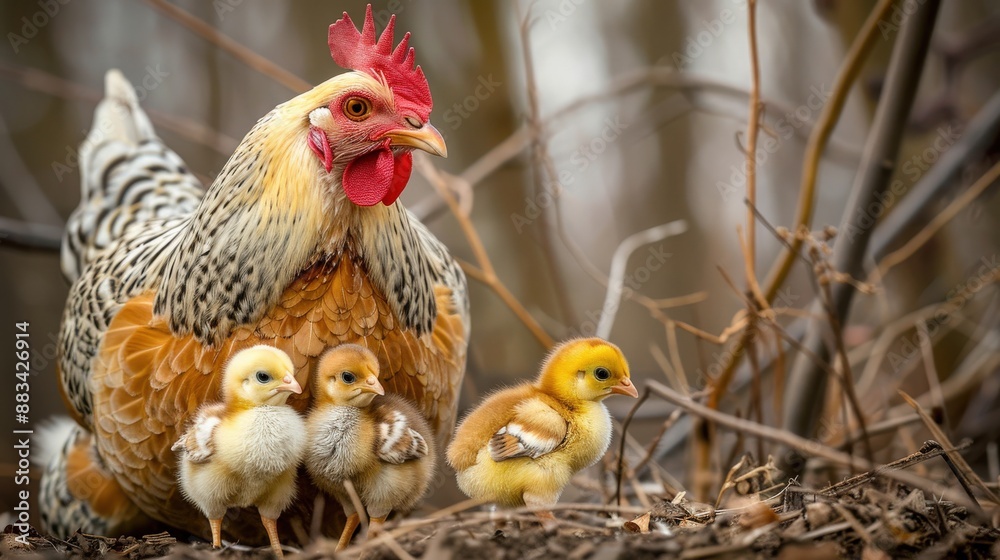 A mother chicken is holding her three chicks in her beak. The chicks ...