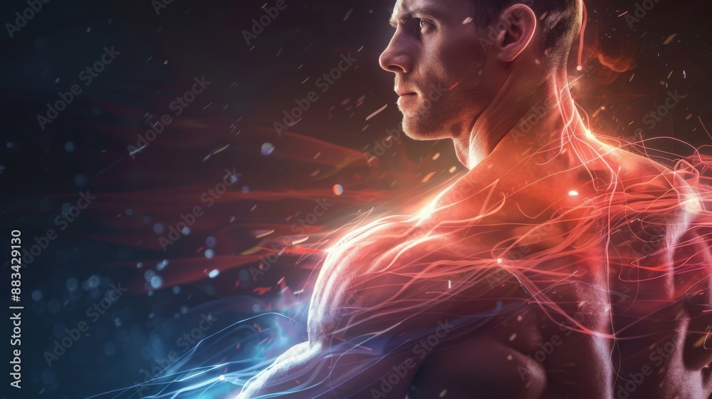 A man with a muscular build is shown in a blue and red background. The ...