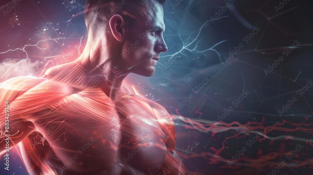 A man with a muscular build is shown in a blue and red background. The ...