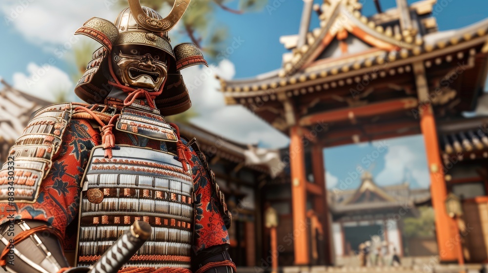 A samurai warrior stands in front of a building with a sword in his ...