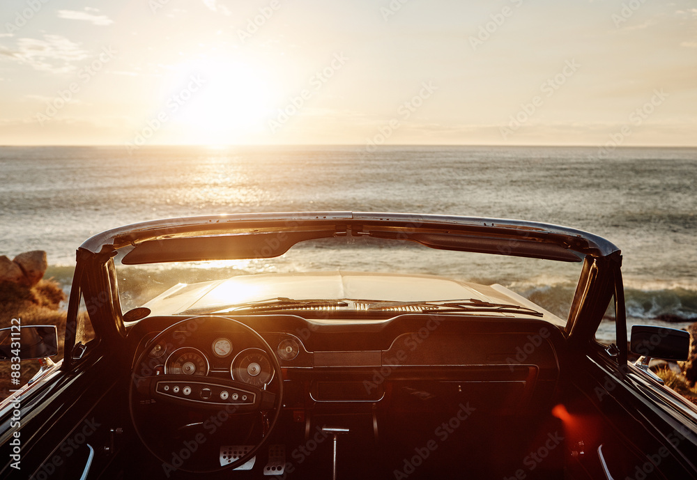 Vintage, car and sunset at beach for view with road trip, adventure or ...