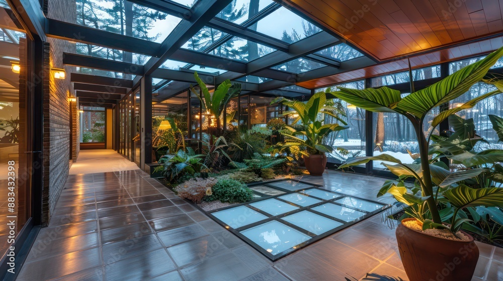 Suburban Mid-Century Modern home's winter garden with heated floors ...