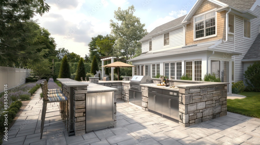 Foto de The outdoor kitchen and bar area of a Suburban Colonial home ...