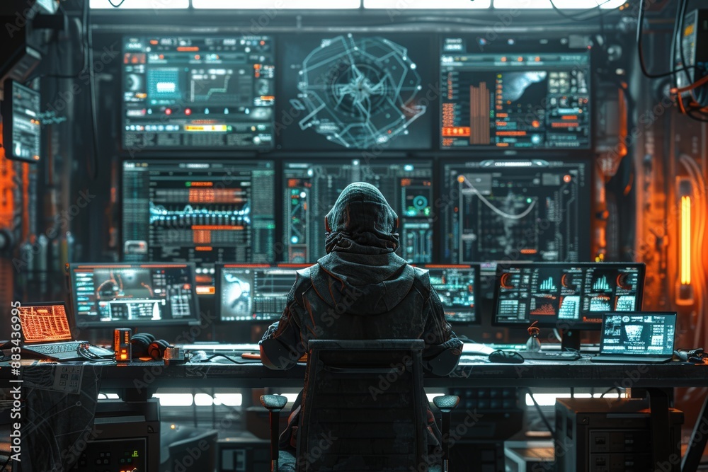 Futuristic Cybersecurity Operation Room with Data Analyst Monitoring ...