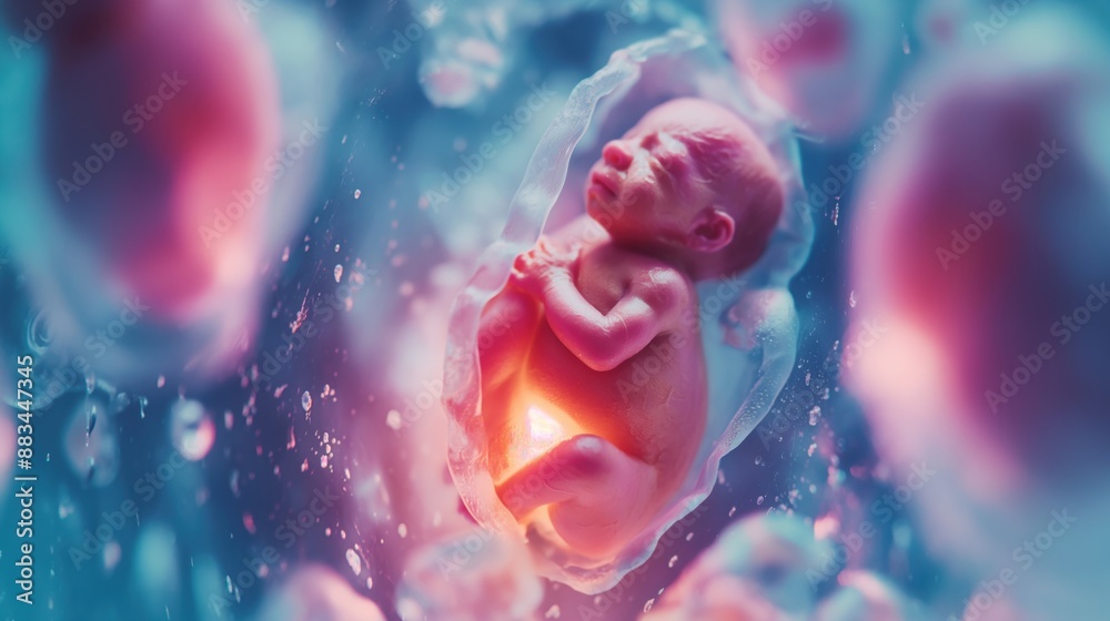Digital illustration of a fetus in the womb, surrounded by amniotic ...