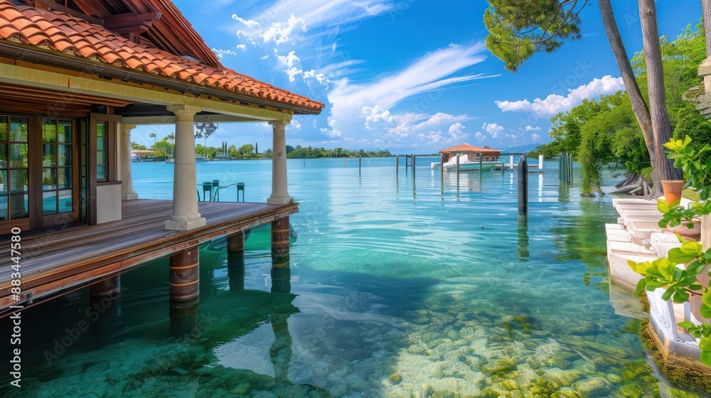 Mediterranean estatea??s private dock, featuring a boathouse with ...