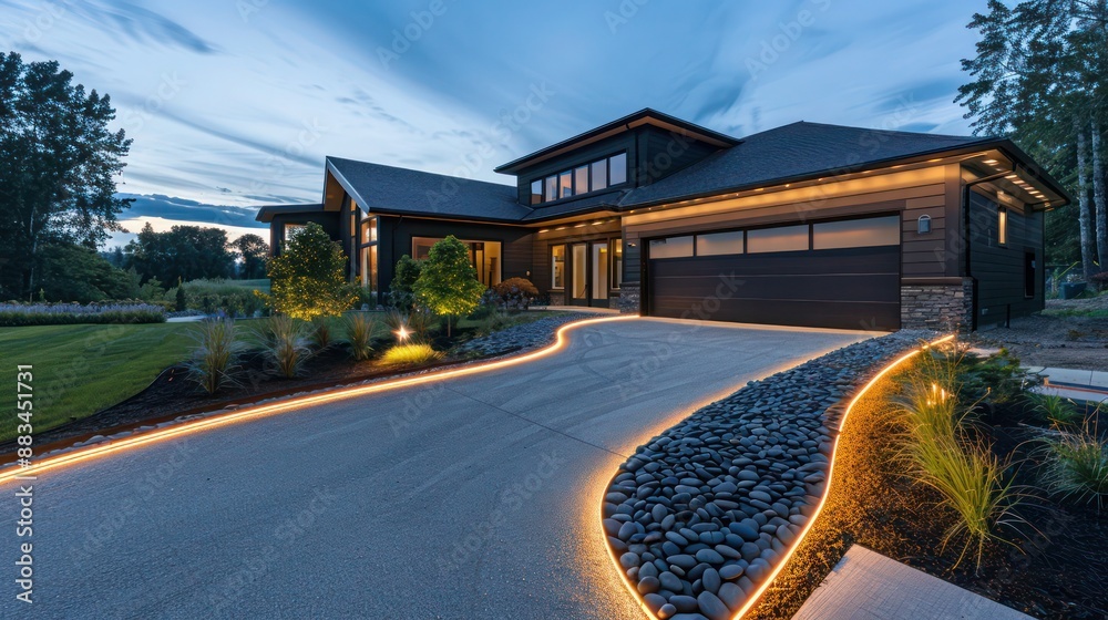 Elegant ranch with a driveway bordered by glowing pebbles and LED strip ...