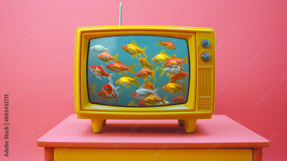 An old retro yellow TV containing an aquarium full of exotic fish, in ...
