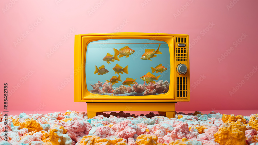 An old retro yellow TV containing an aquarium full of exotic fish, in ...