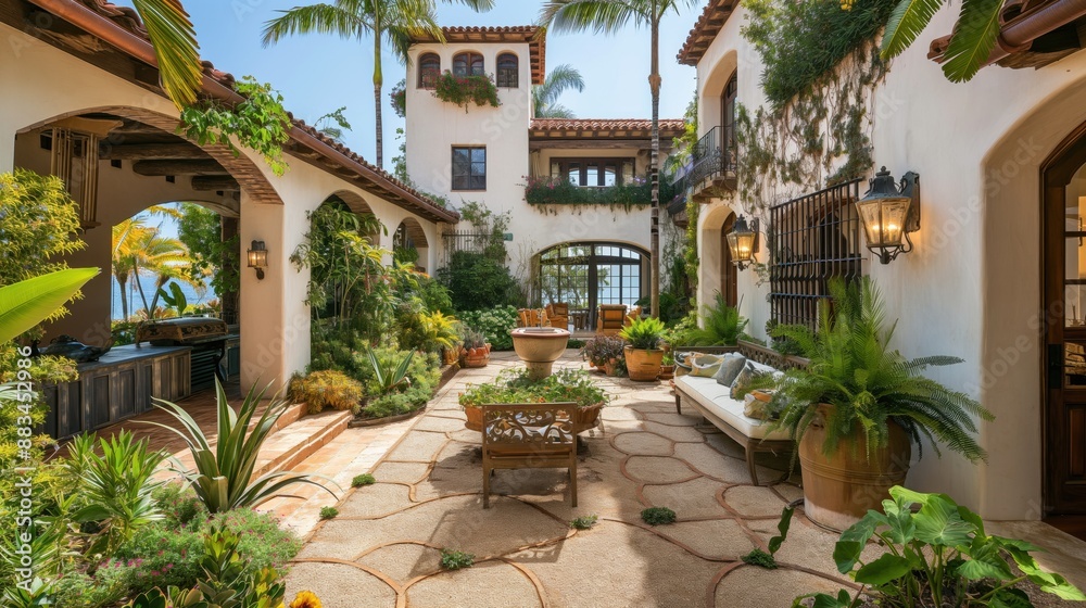 Mediterranean-style courtyard house with lush greenery, outdoor seating ...